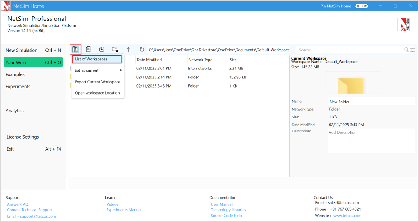 Workspaces and Experiments — NetSim v14.4 Help documentation